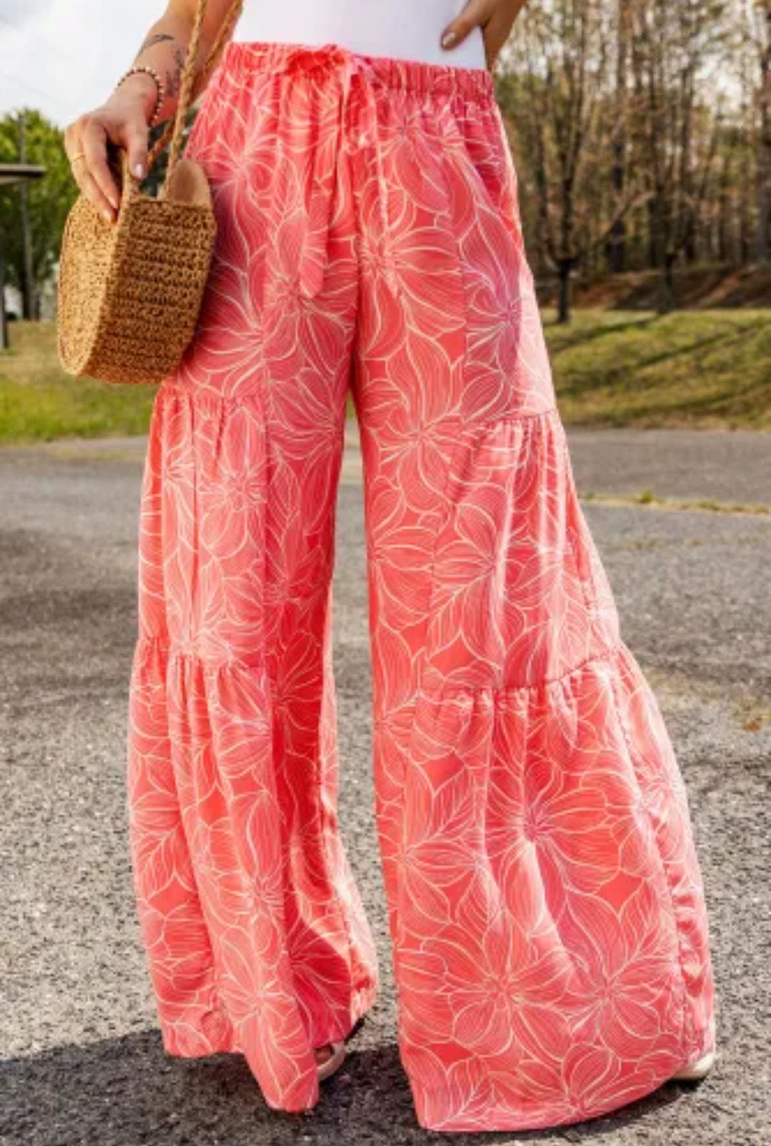 Pink Bohemian Floral Print Wide Leg Pants Etsy