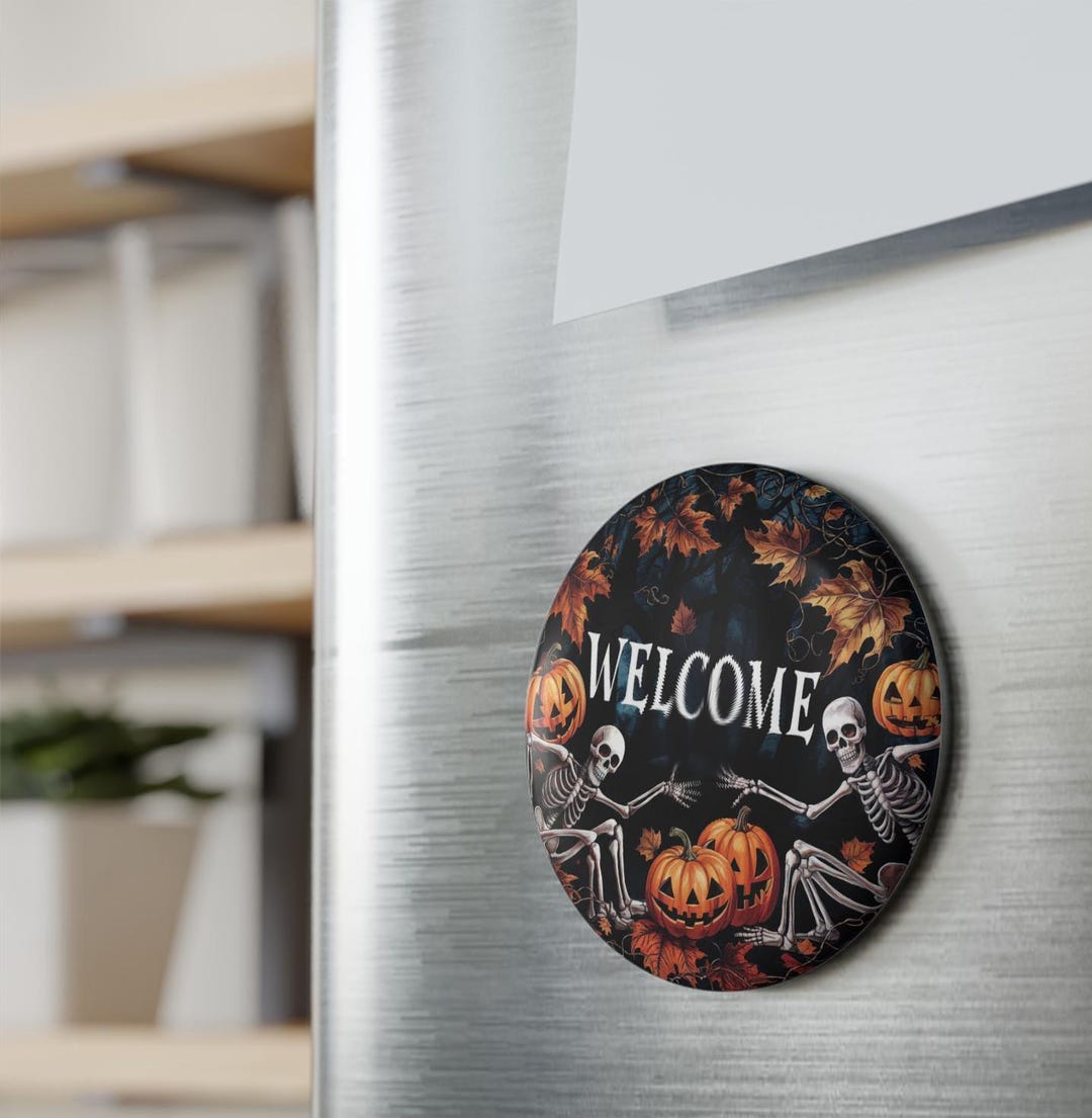 Skeleton Welcome Magnet Funny Halloween Fridge Decor With Pumpkins ...