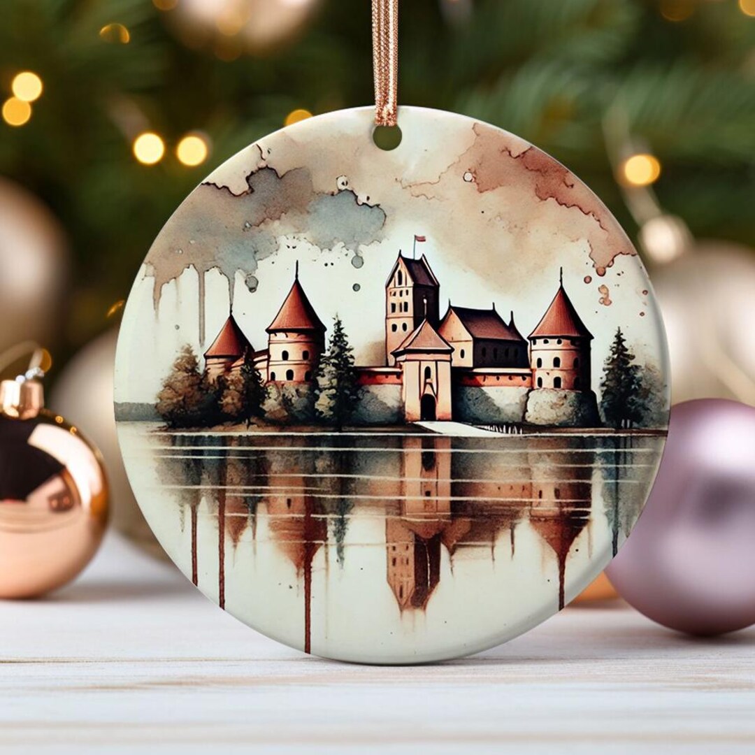 Medieval Castle Watercolor Ornament European Fortress Scenic Ceramic ...