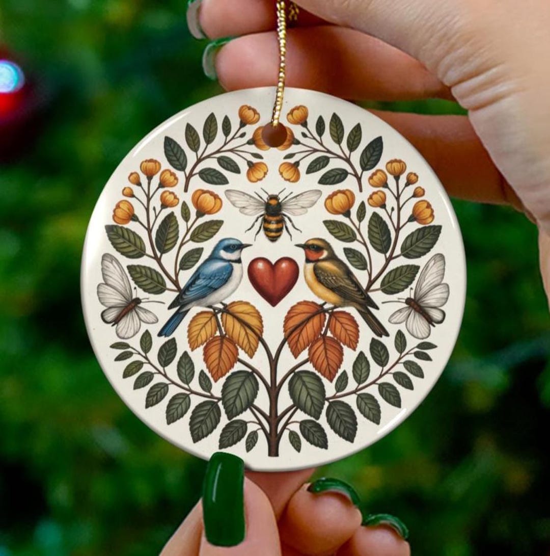 Nordic Lovebirds Ornament, Scandinavian Folk Art, Birds Bees Heart ...
