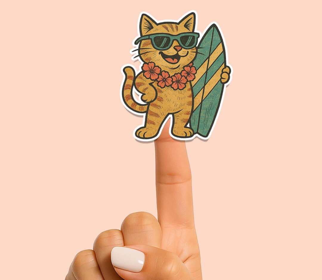 Surfing Cat Sticker Tropical Summer Beach Vibes Cool Kitty With ...