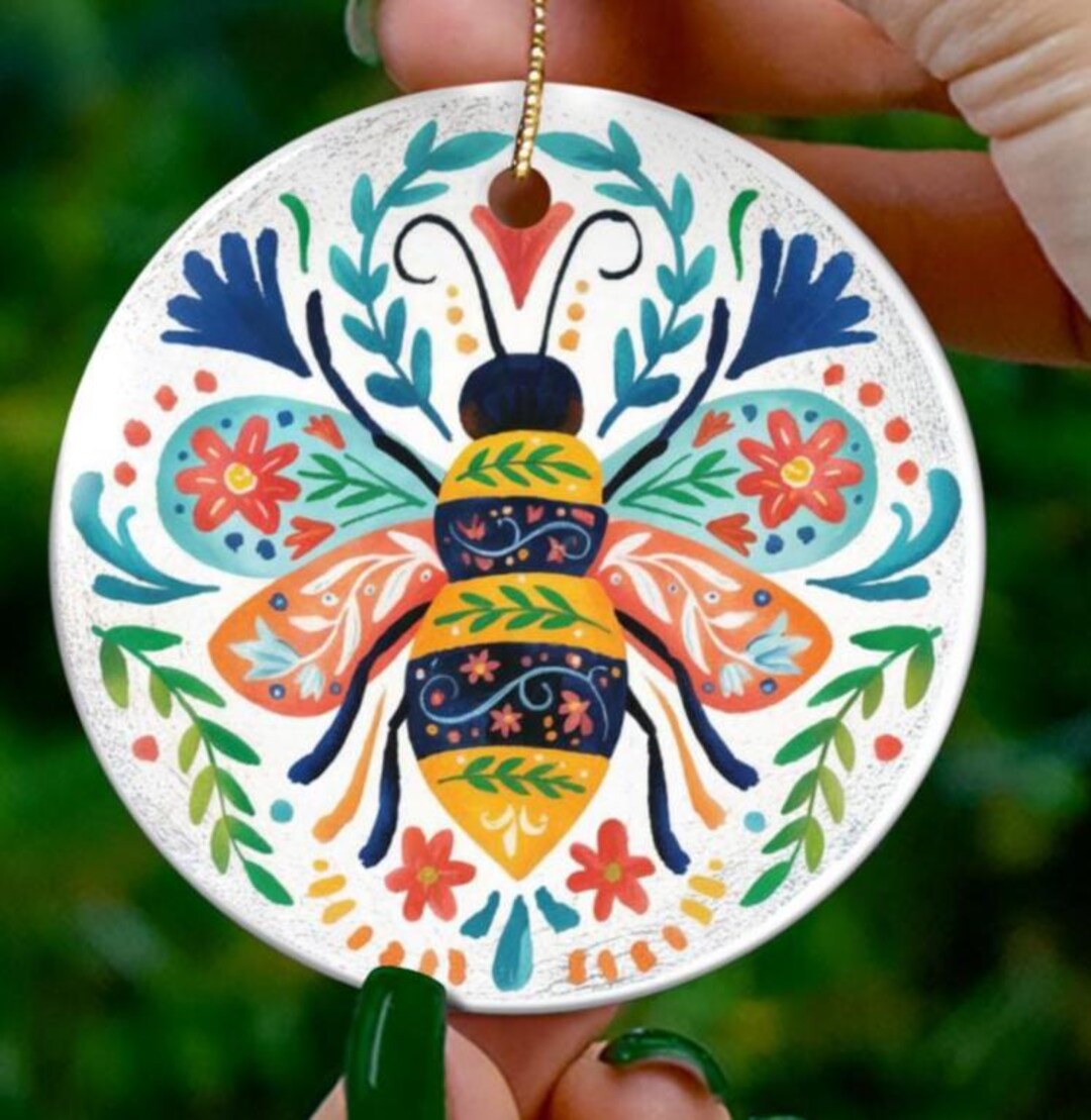 Folk Art Bee Ornament Scandinavian Floral Design Gift for Bee Lover ...