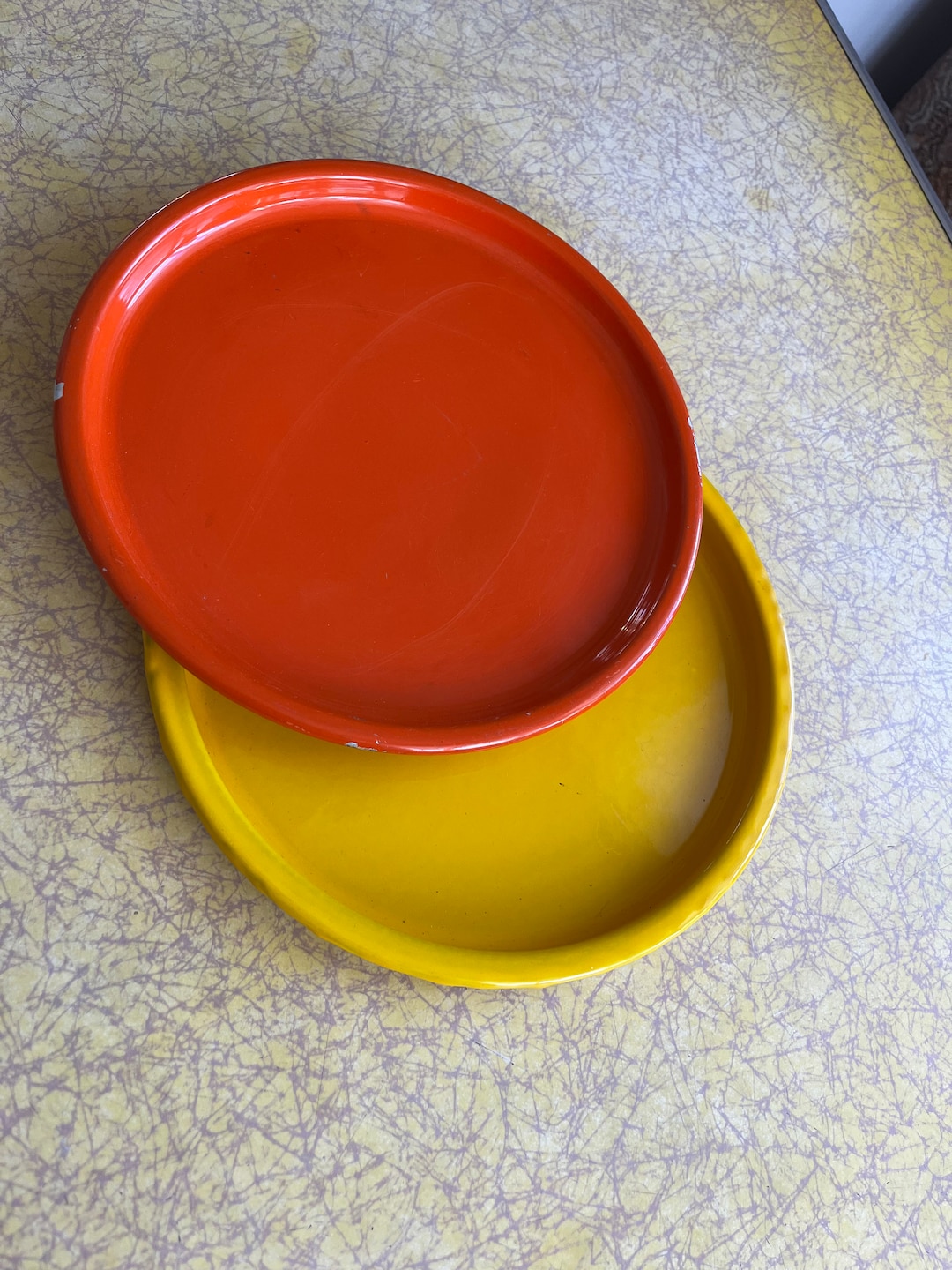 Set of 2 Vintage Enamel Plates Orange and Yellow - Etsy