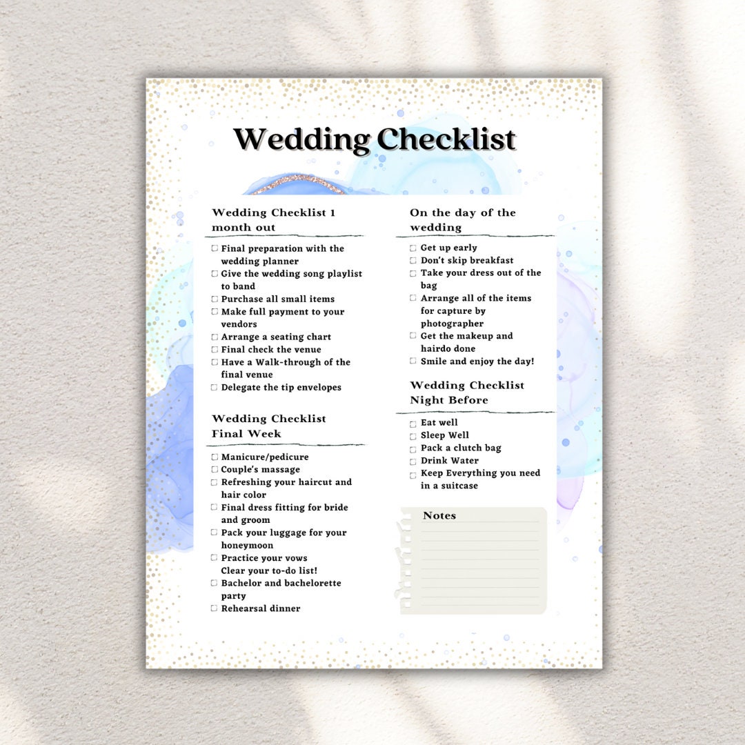 Blue & Gold Wedding Checklist- 1 Month Before Wedding - Etsy