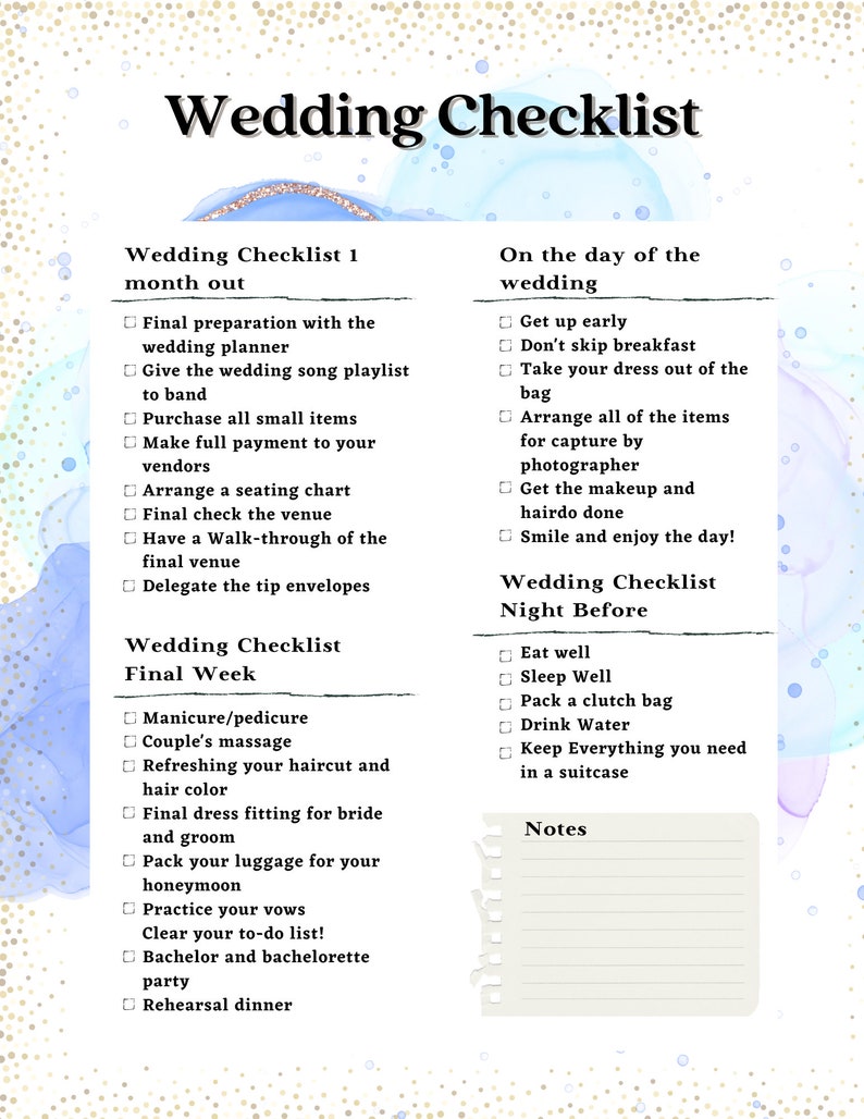 Blue & Gold Wedding Checklist- 1 Month Before Wedding - Etsy