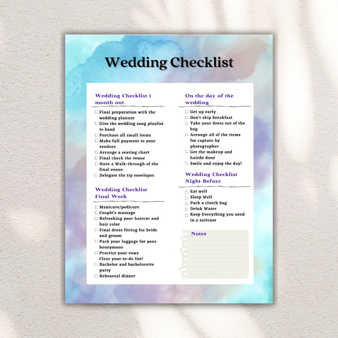 Blue and Purple Wedding Checklist- 1 Month Before Wedding - Etsy