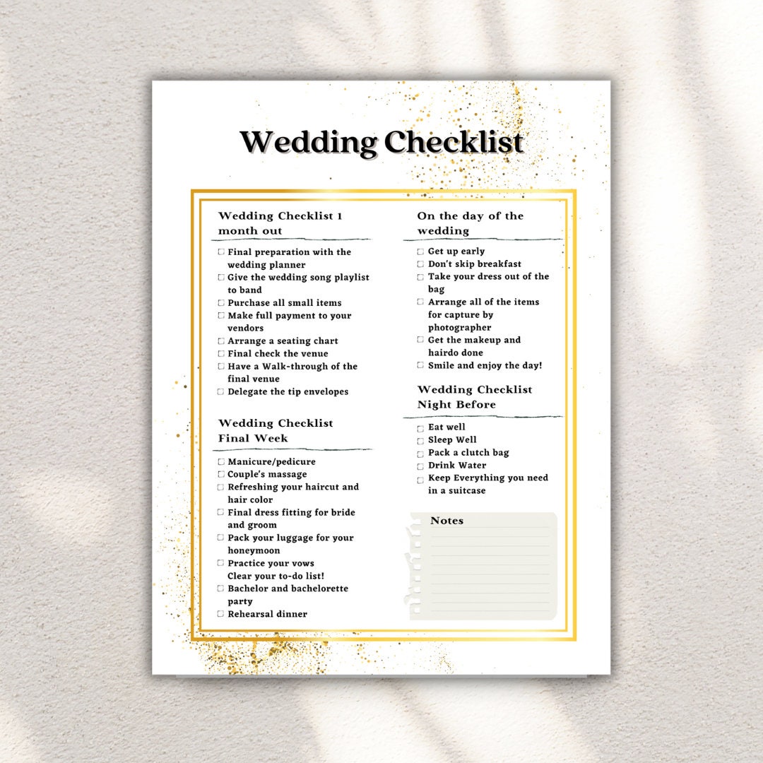 White & Gold Wedding Checklist- 1 Month Before Wedding - Etsy
