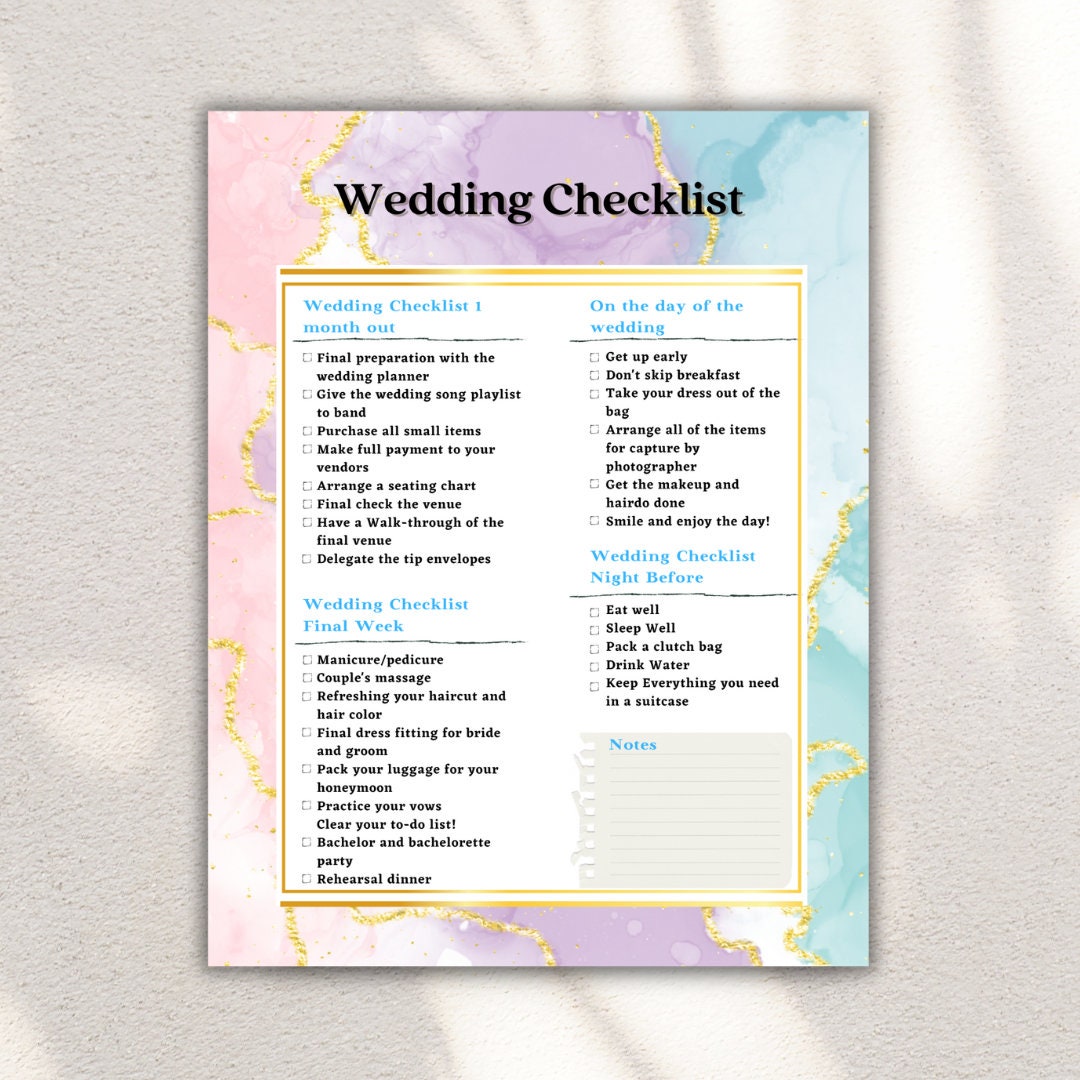 Pastel & Gold Wedding Checklist- 1 Month Before Wedding - Etsy