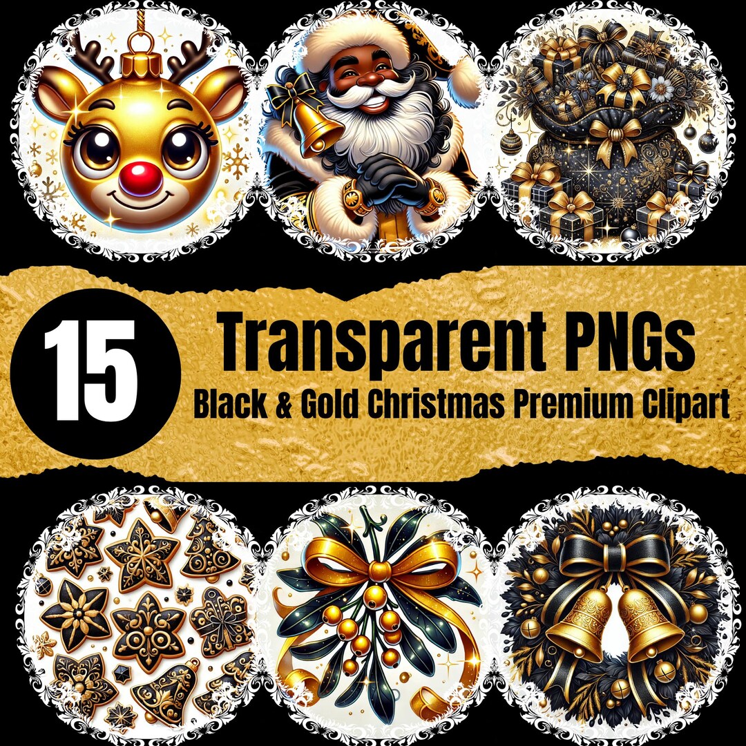 15 Black and Gold Christmas Clip Art Set Black Santa PNG Christmas Clip ...