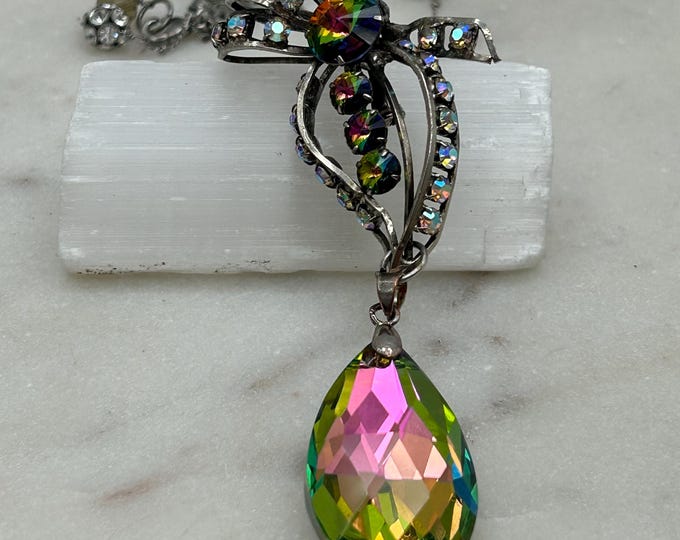 Vintage Rhinestone Diagonal Bow Brooch Rivoli Watermelon Stone, AB ...
