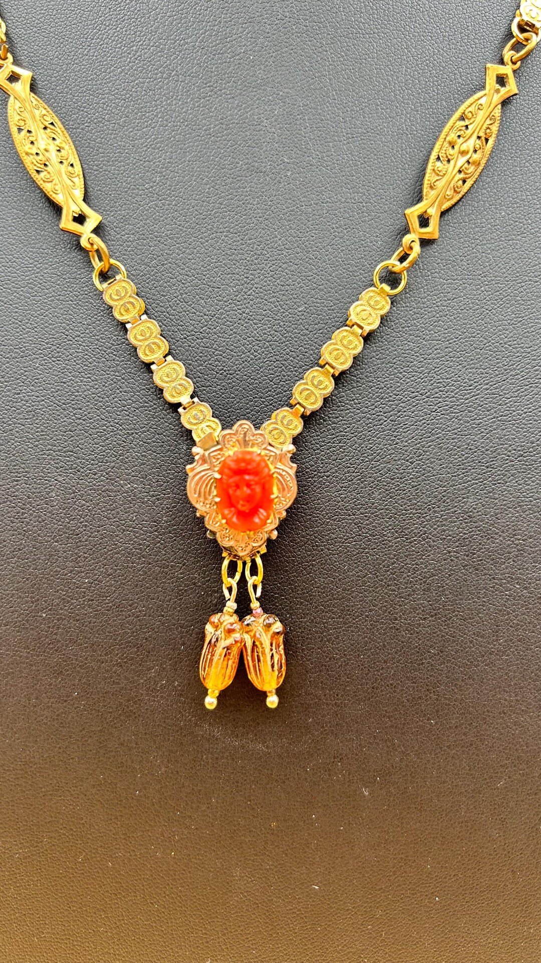 Antique Coral Cameo Gold Filled Book Chain Necklace: Tulip Bead Dangles ...