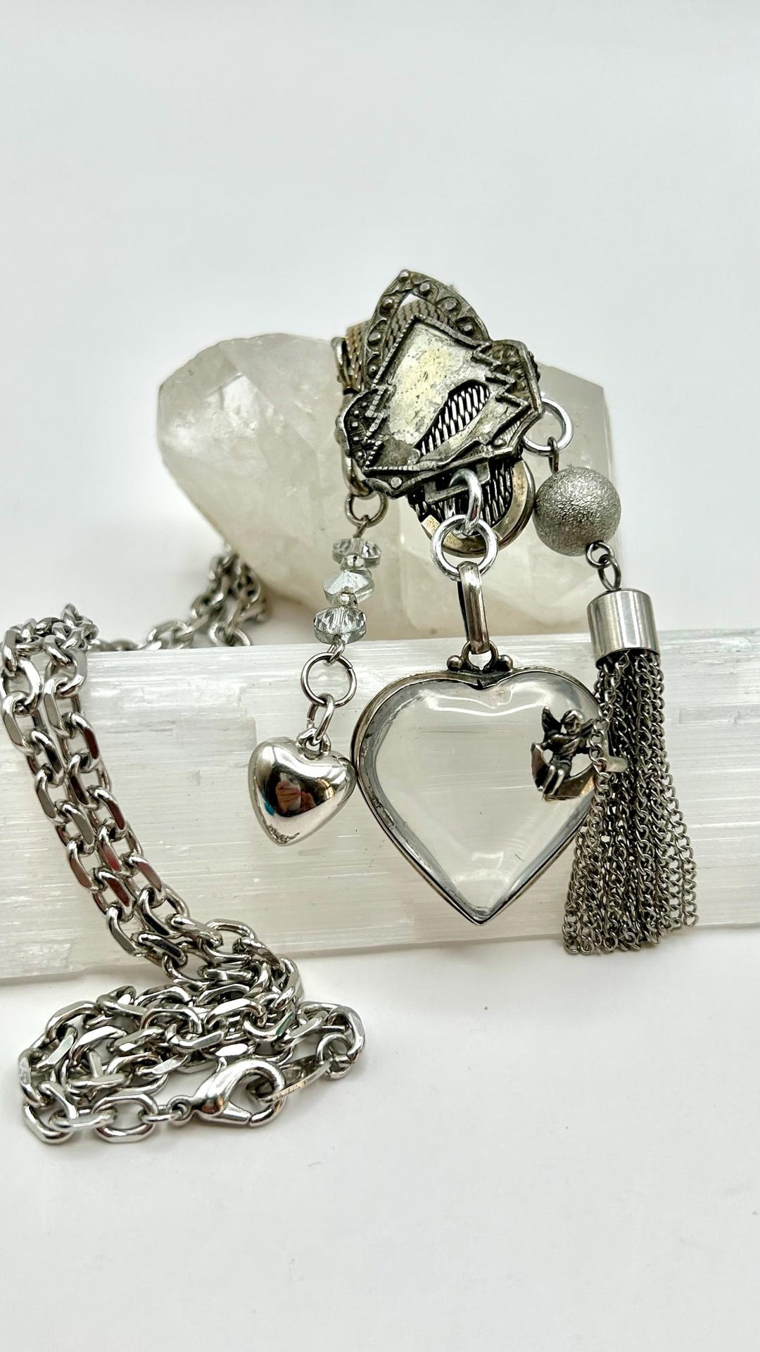Vintage Rock Crystal Quartz Heart Pendant With Silver Cherub on Silver ...
