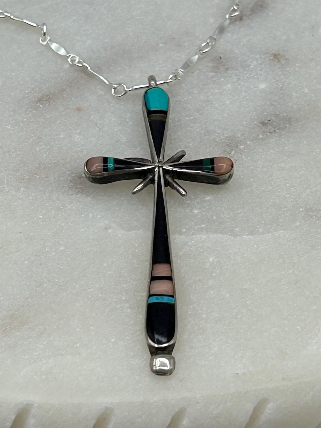 Vintage Turquoise Inlay Sterling Silver Religious Christian Cross ...