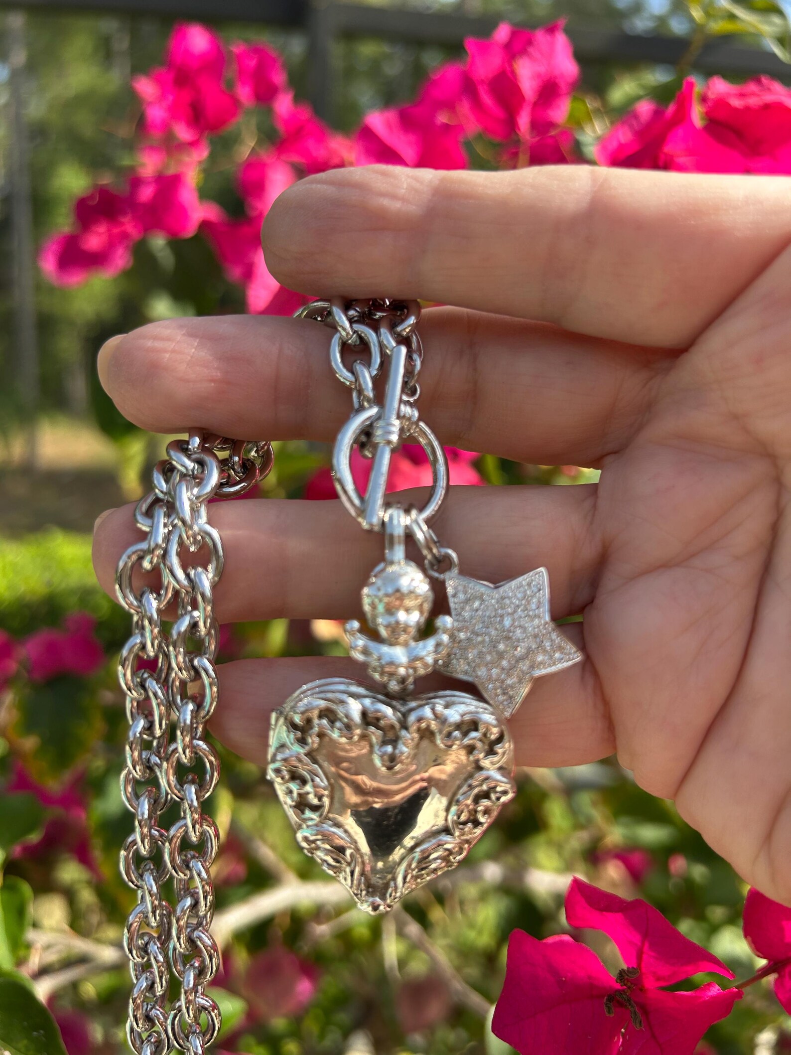 Vintage Silver Tone Heart Locket Necklace: Cherub, Rhinestone Star ...