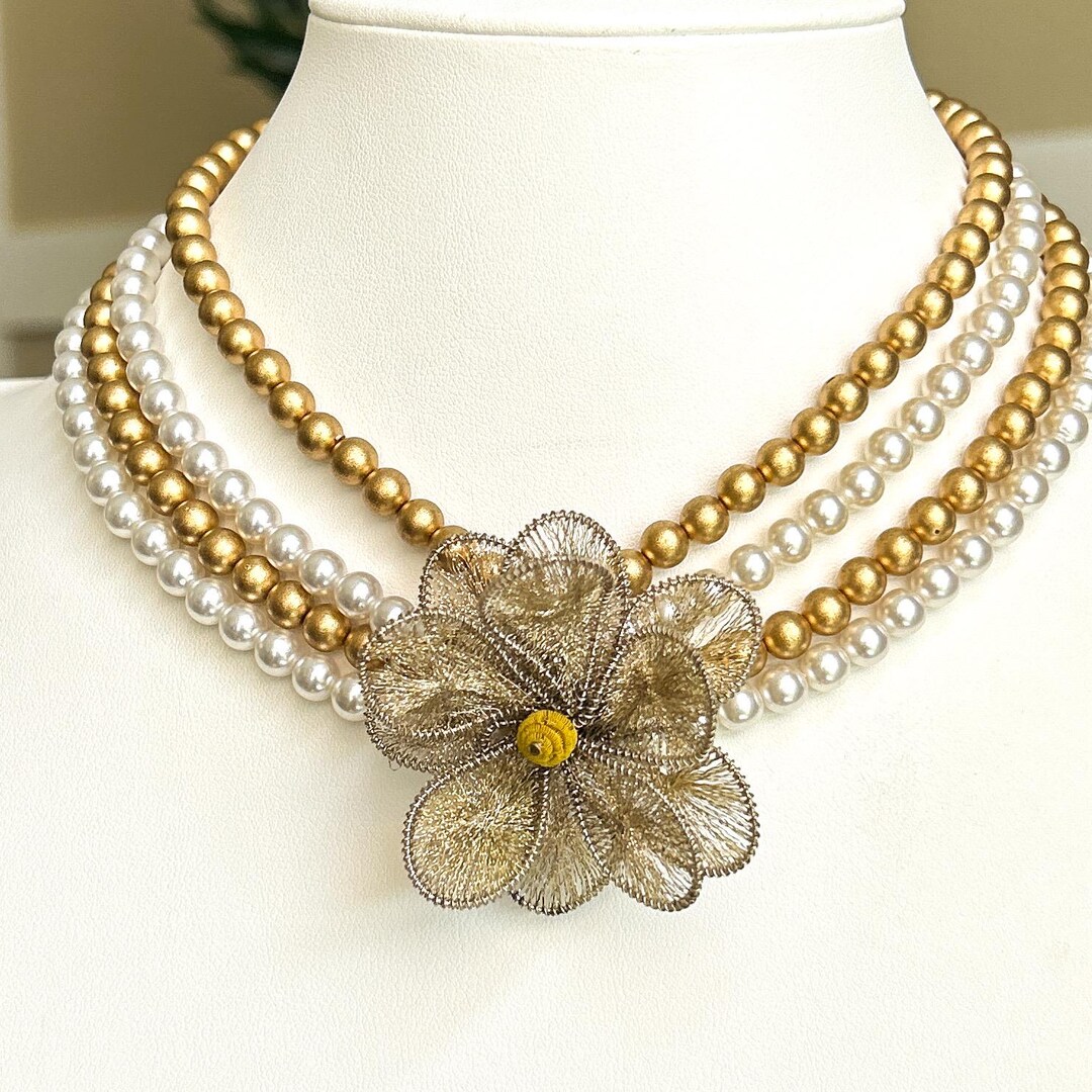 Vintage Signed Japan Four Strand Gold and Cream Pearls Choker Spun Gold ...