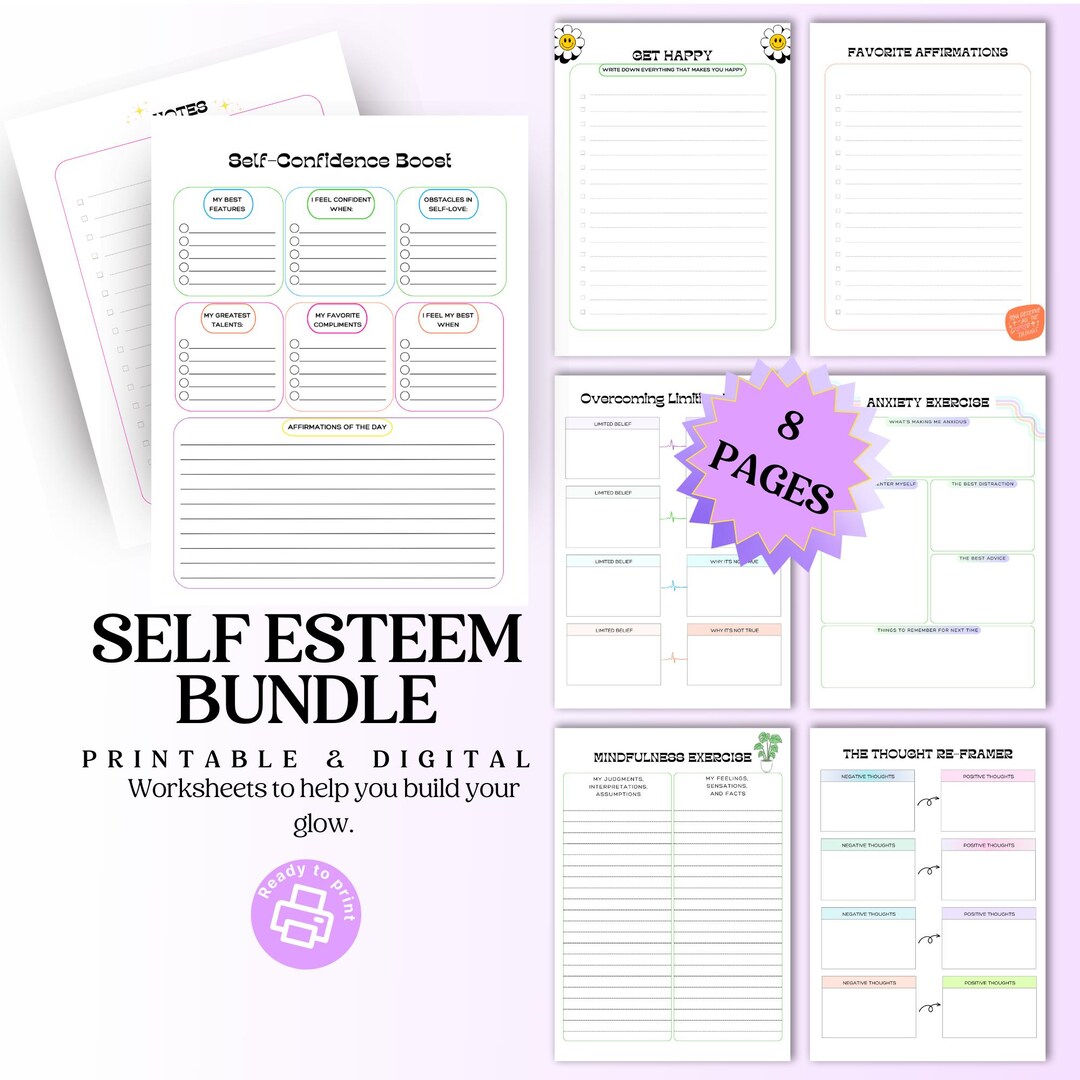 Self Esteem Workbook for Adults and Teens, CBT Worksheets, Growth ...