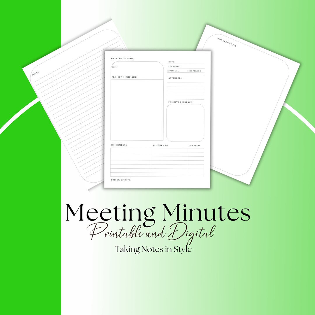 Meeting Minutes, Note Taking Printable, Business Productivity Tools ...