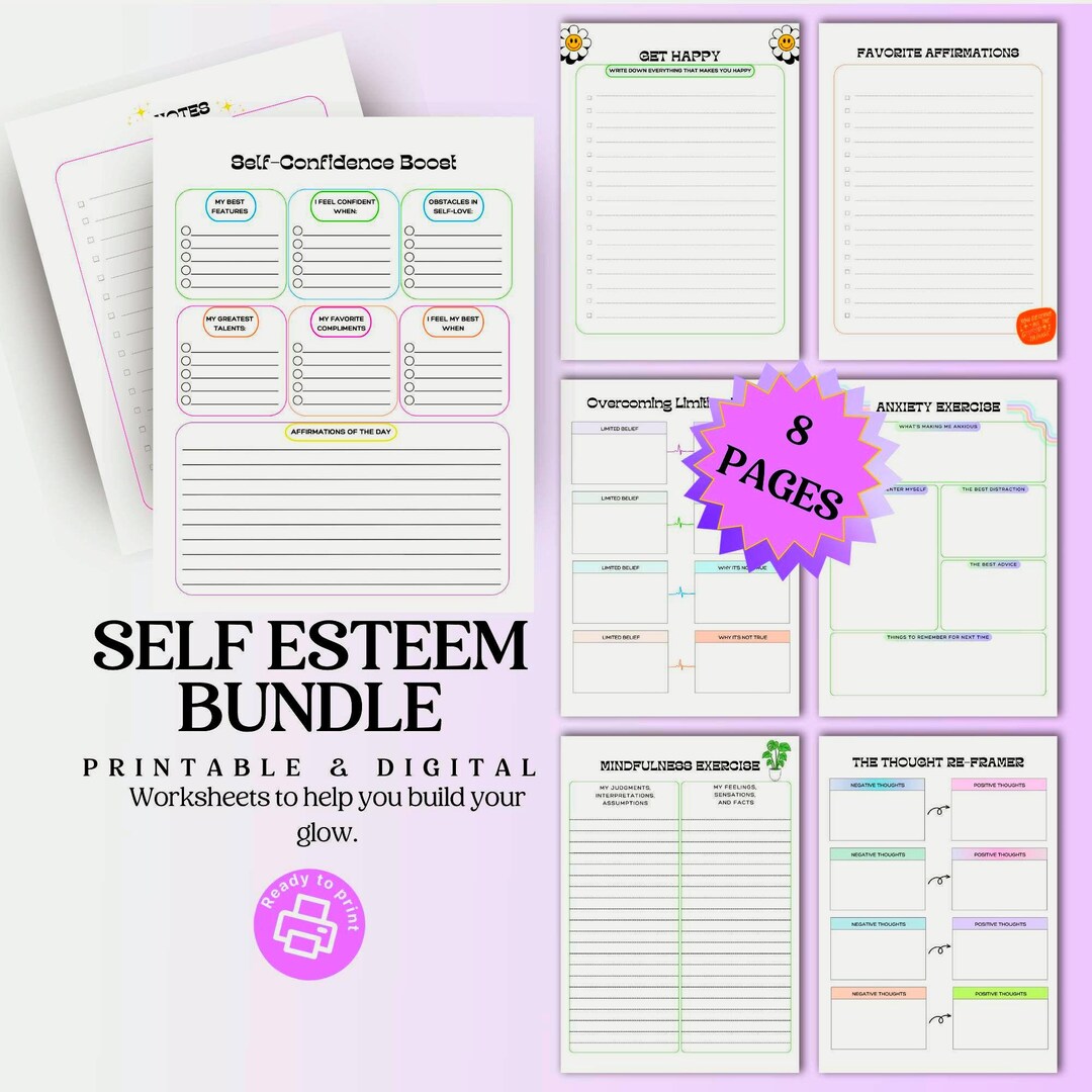 Self Esteem Workbook, CBT Worksheets, Growth Mindset Tools, Therapy ...