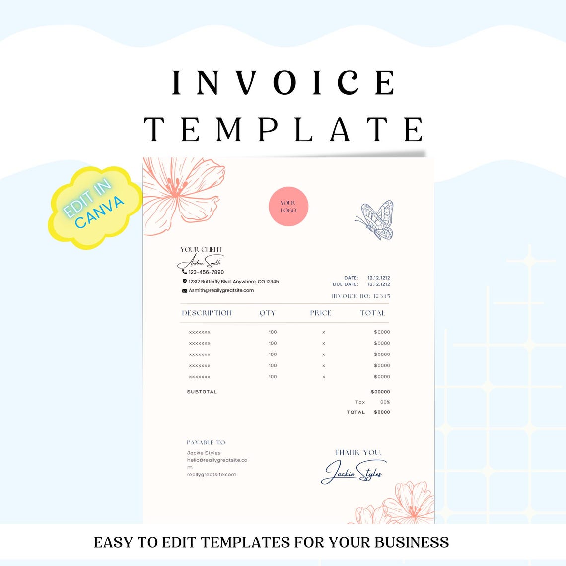 Canva Invoice Template, Customizable and Editable, Business Invoice ...