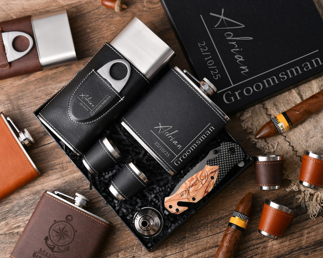 Engraved Cigar Box Leather Hip Flask Gift Set - Perfect Cigar Accessory ...