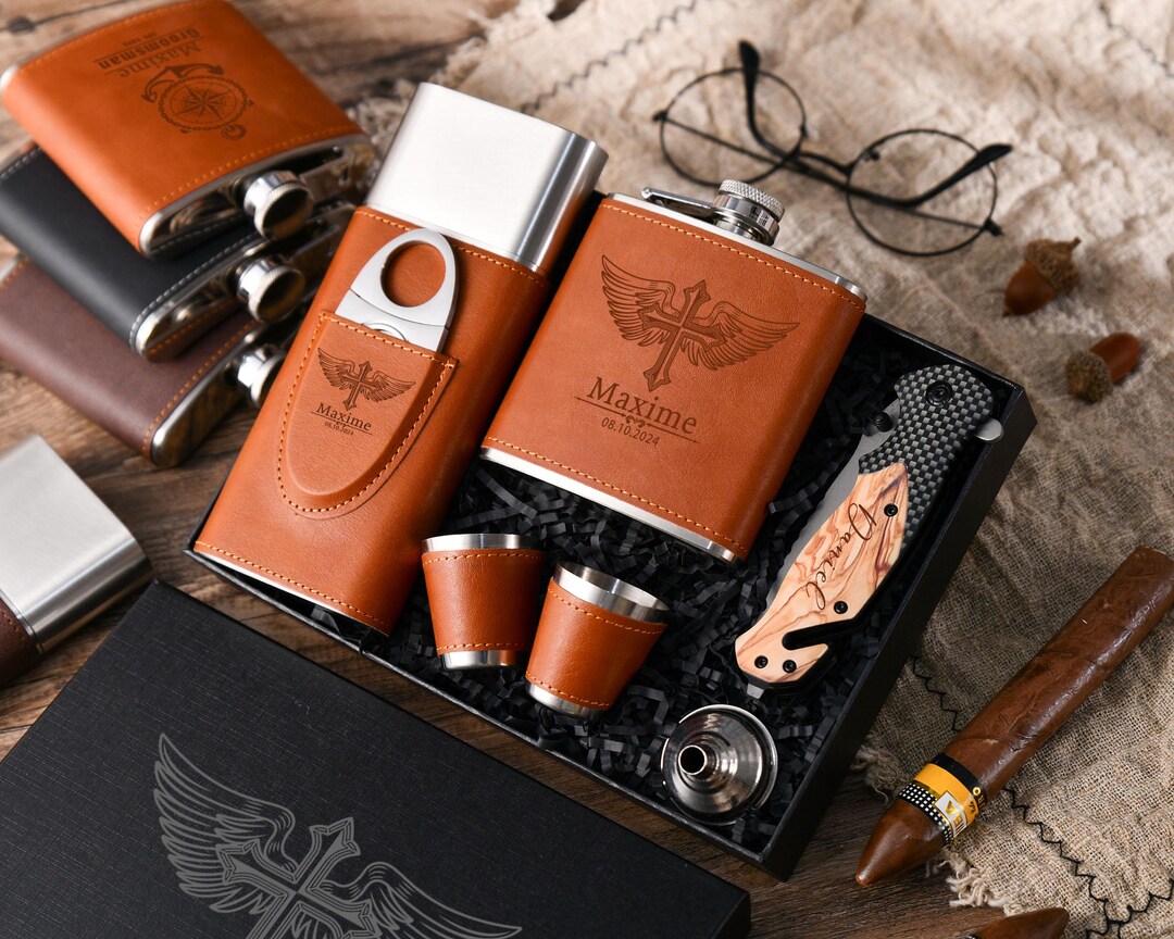 Engraved Cigar Box Leather Hip Flask Gift Set - Perfect Cigar Accessory ...