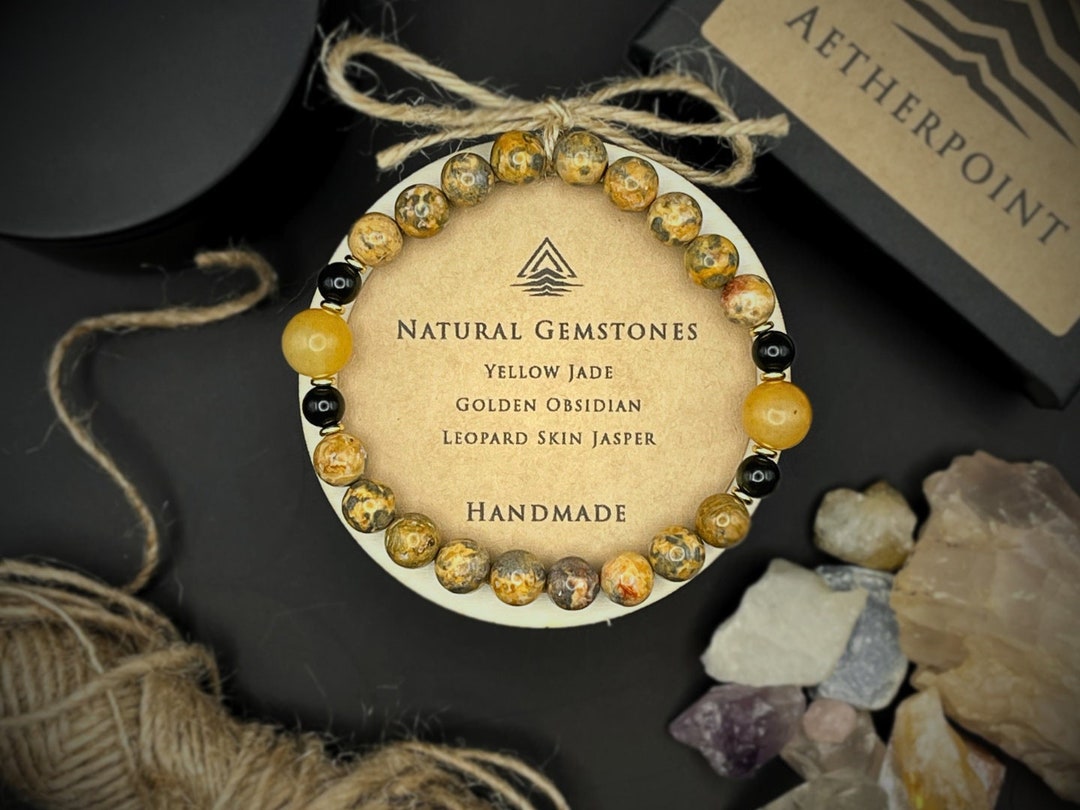 Yellow Jade, Golden Obsidian & Leopard Skin Jasper Bracelet - Genuine ...