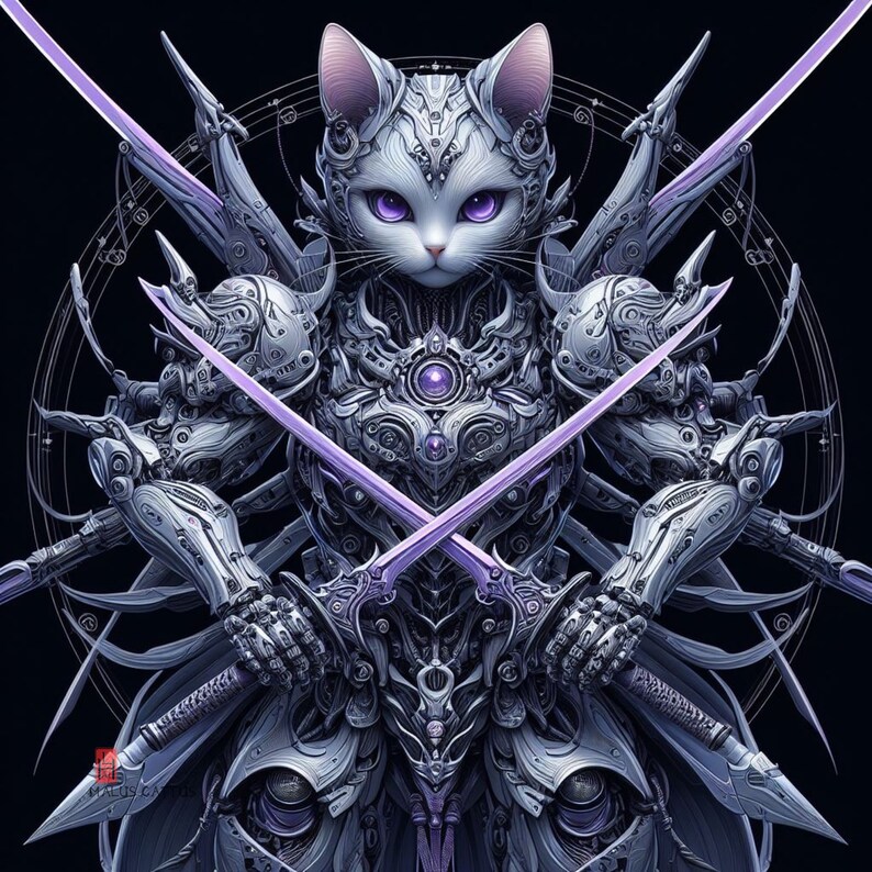 Mechanical Warrior Prints Robot Fantasy Cat Digital Art Print Wall Art ...