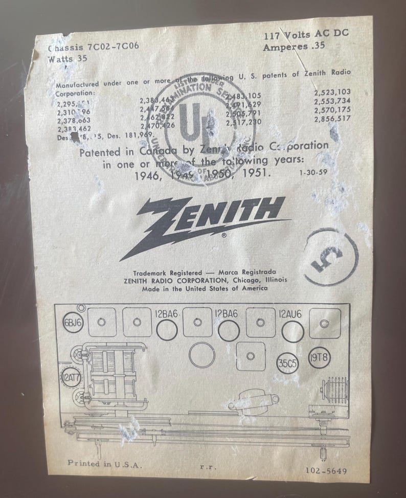 Vintage 1950s Mid Century Zenith Tube AM / FM Radio Chassis 7C02 7C06 ...