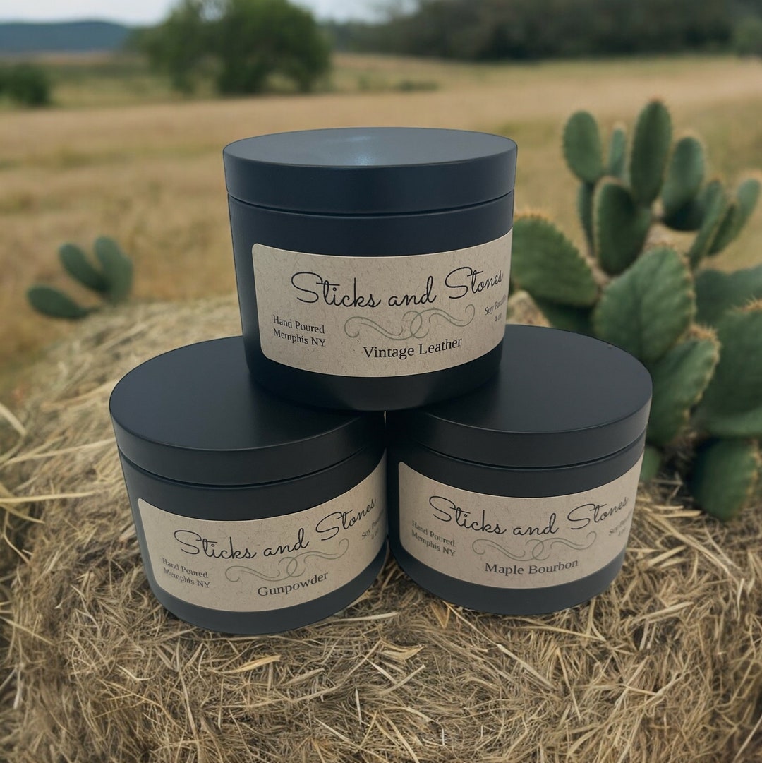 Man Candles, Scented Vintage Leather, Gunpowder, Maple Bourbon, Black ...