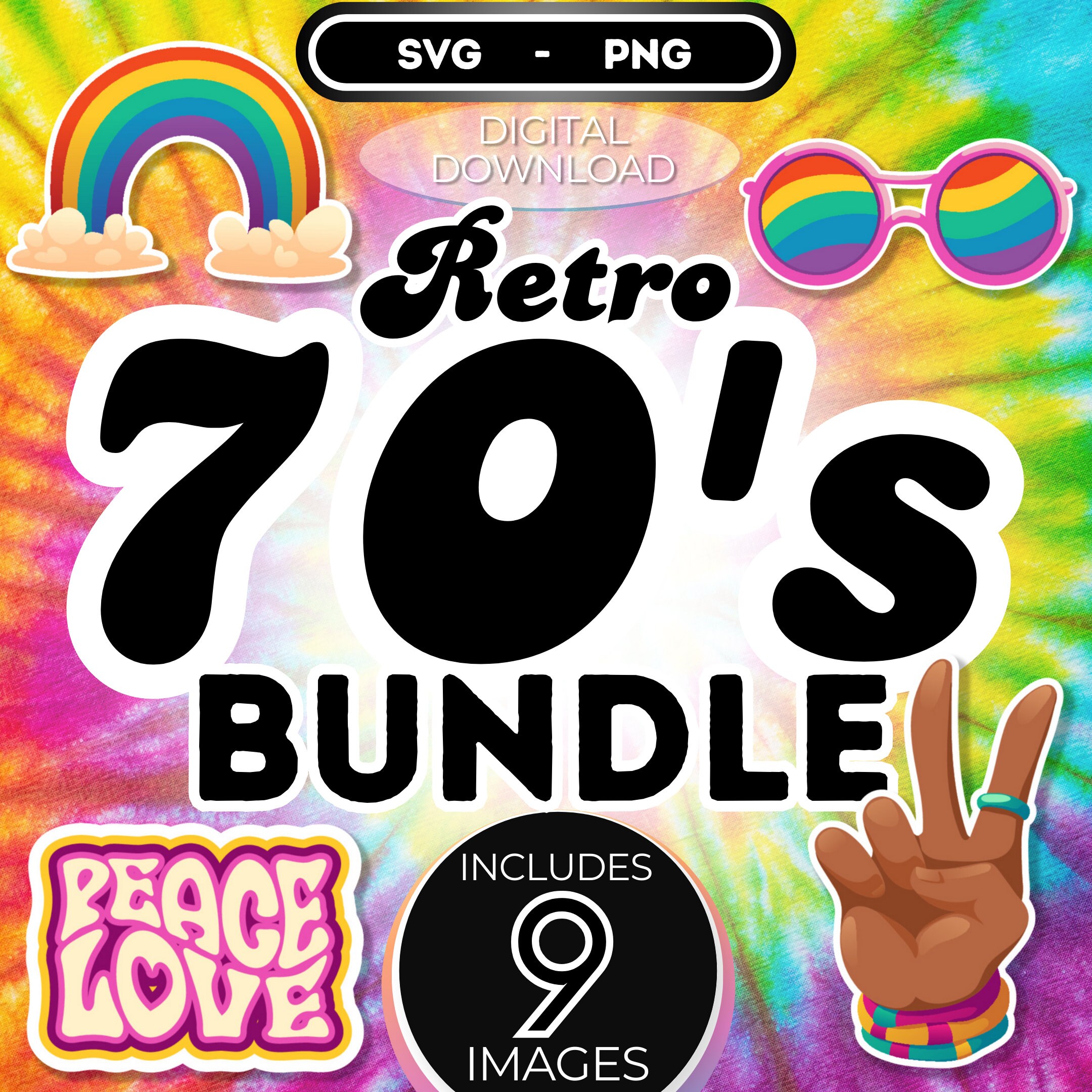 70's Hippie SVG PNG Bundle: 9 Retro Colorful Images Perfect for ...