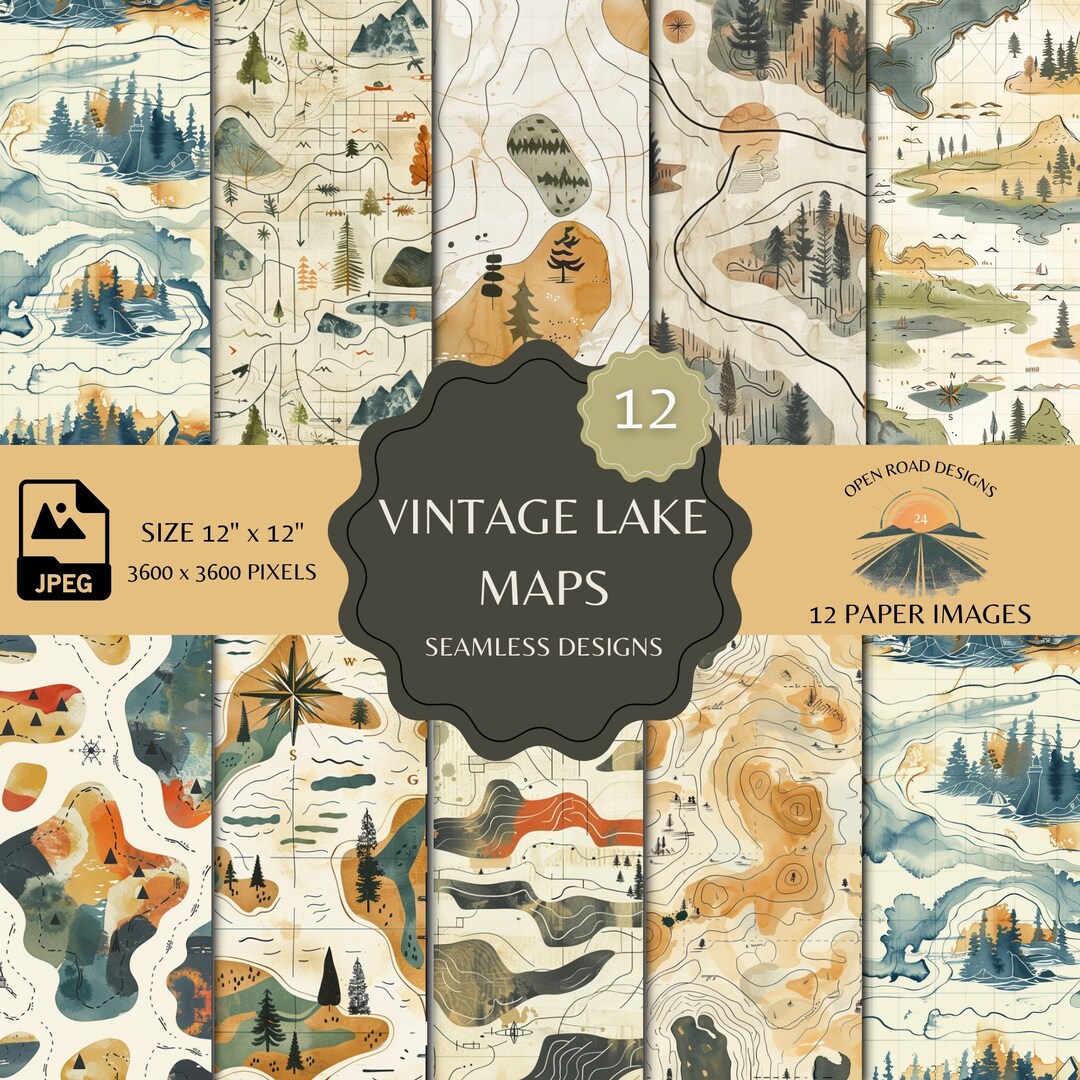 Vintage Lake Map Seamless Pattern Collection | Instant Download ...