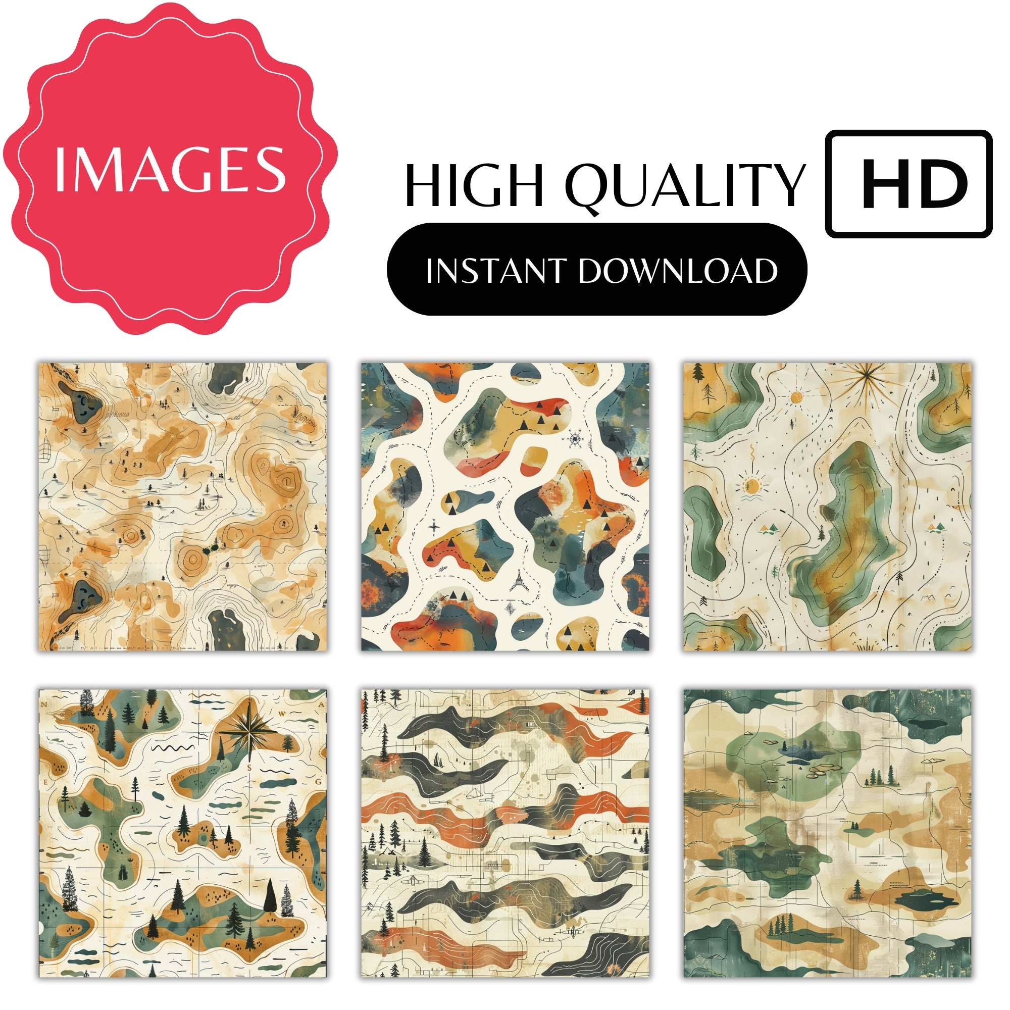Vintage Lake Map Seamless Pattern Collection | Instant Download ...