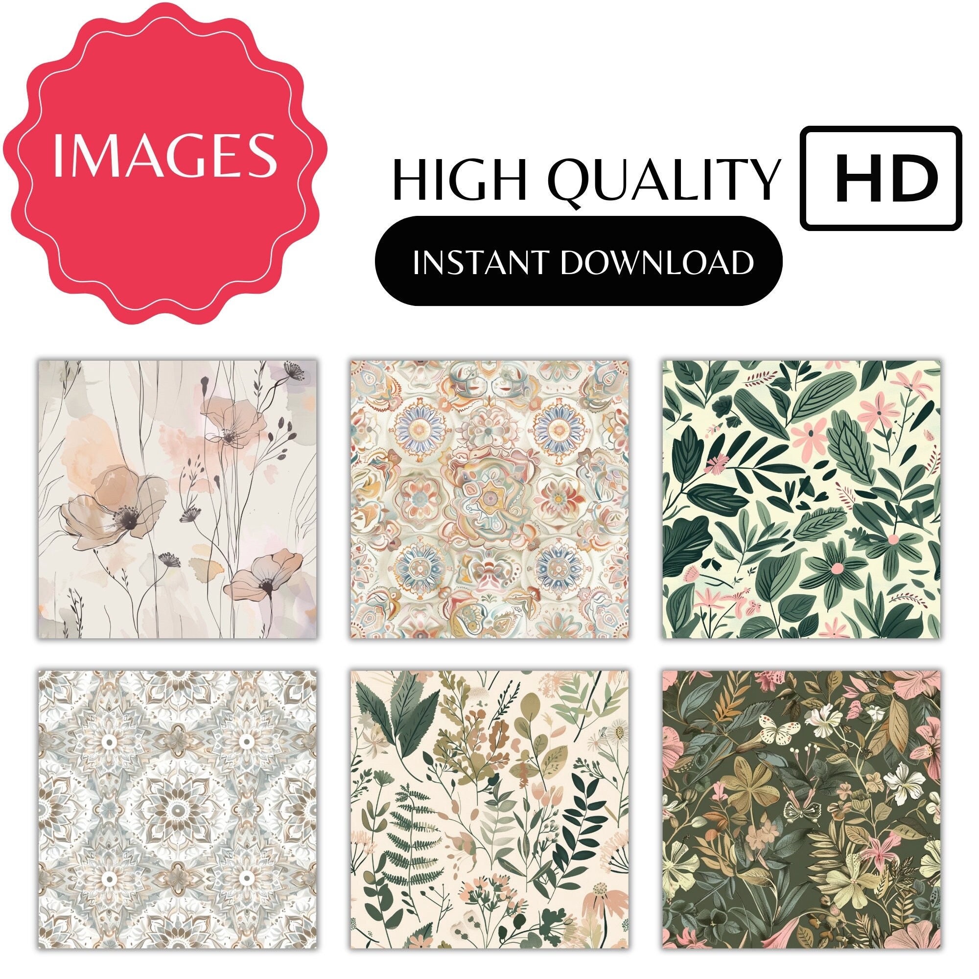 Floral Boho Seamless Digital Patterns Wildflowers, Feathers, Mandalas ...
