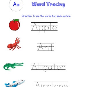 Kids Colorful Word Tracing Sheets A-C , Kids Activity Worksheets - Etsy