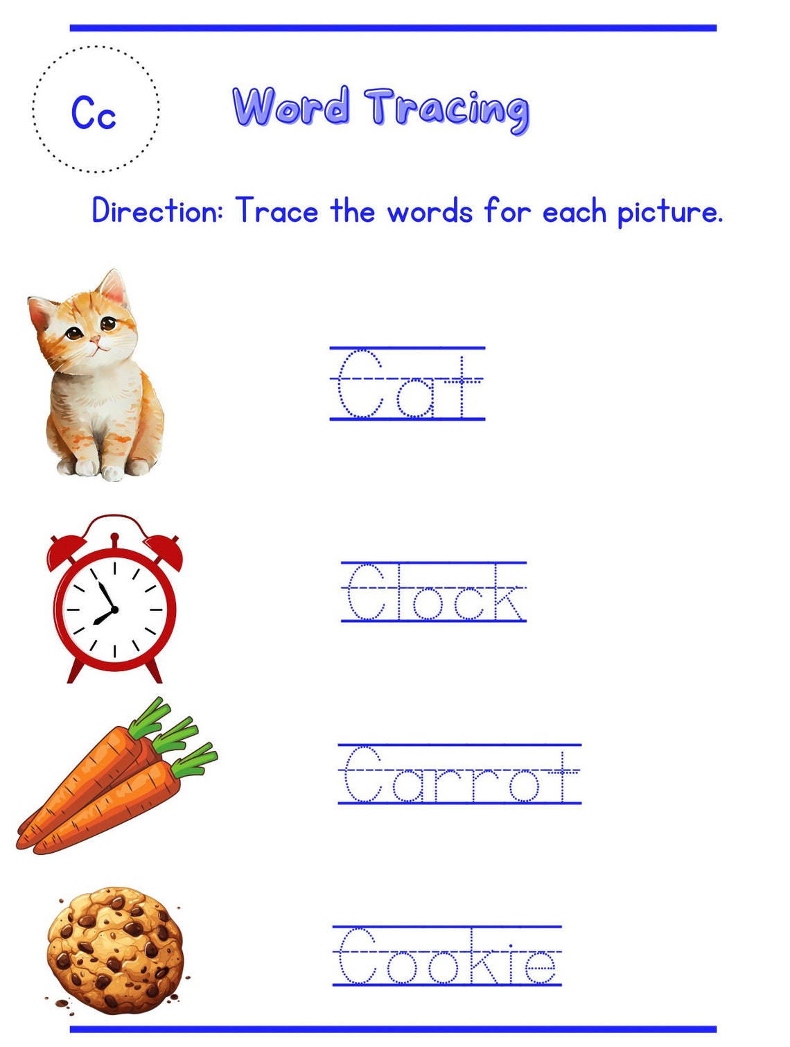 Kids Colorful Word Tracing Sheets A-C , Kids Activity Worksheets - Etsy