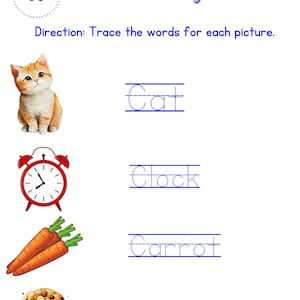 Kids Colorful Word Tracing Sheets A-C , Kids Activity Worksheets - Etsy