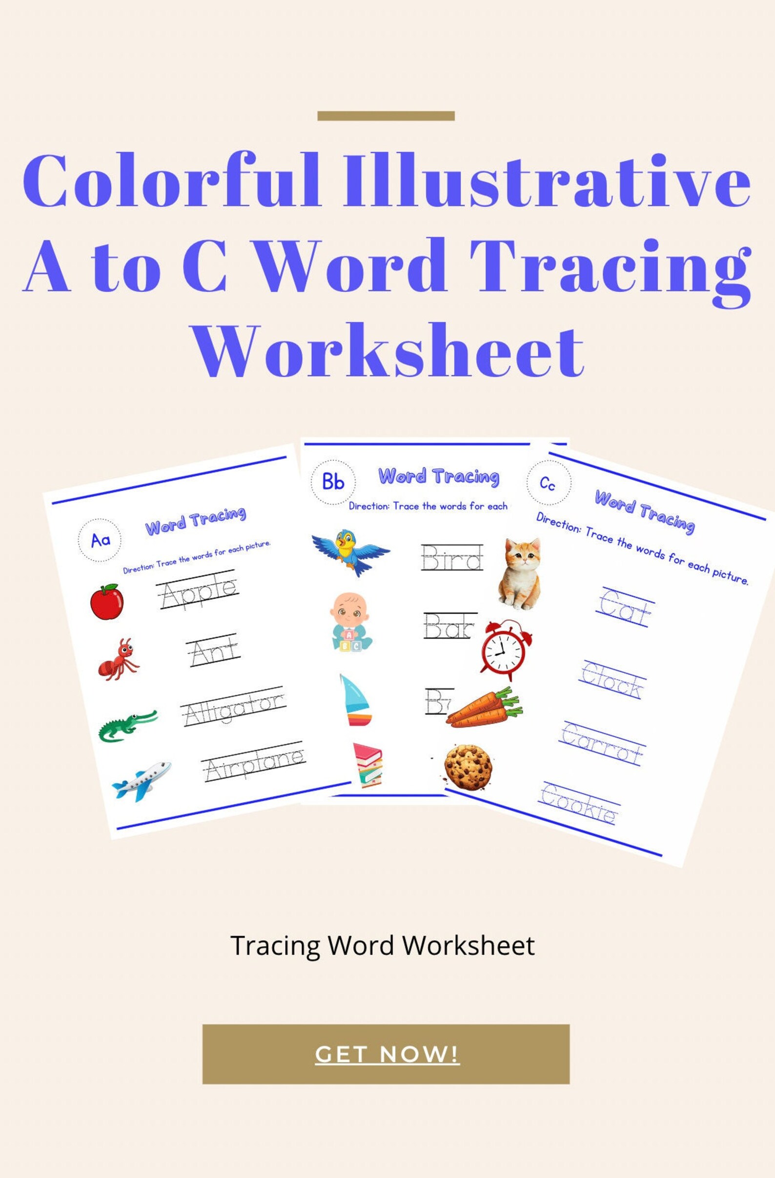Kids Colorful Word Tracing Sheets A-C , Kids Activity Worksheets - Etsy