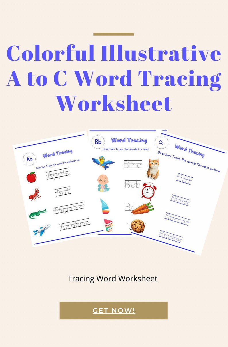 Kids Colorful Word Tracing Sheets A-C , Kids Activity Worksheets - Etsy