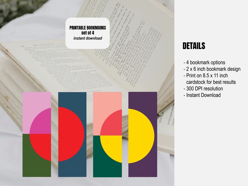 Set of 4 Half Circle Printable Bookmarks Jewel Tones, 2x6, Instant ...