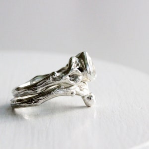 Pear Garnet Ring Leaf Twig Ring With White Sapphire, Silver Branch Rings, Engagement Ring Set ...