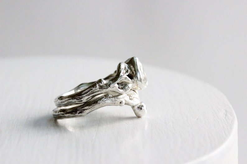 Pear Garnet Ring Leaf Twig Ring With White Sapphire, Silver Branch Rings, Engagement Ring Set ...