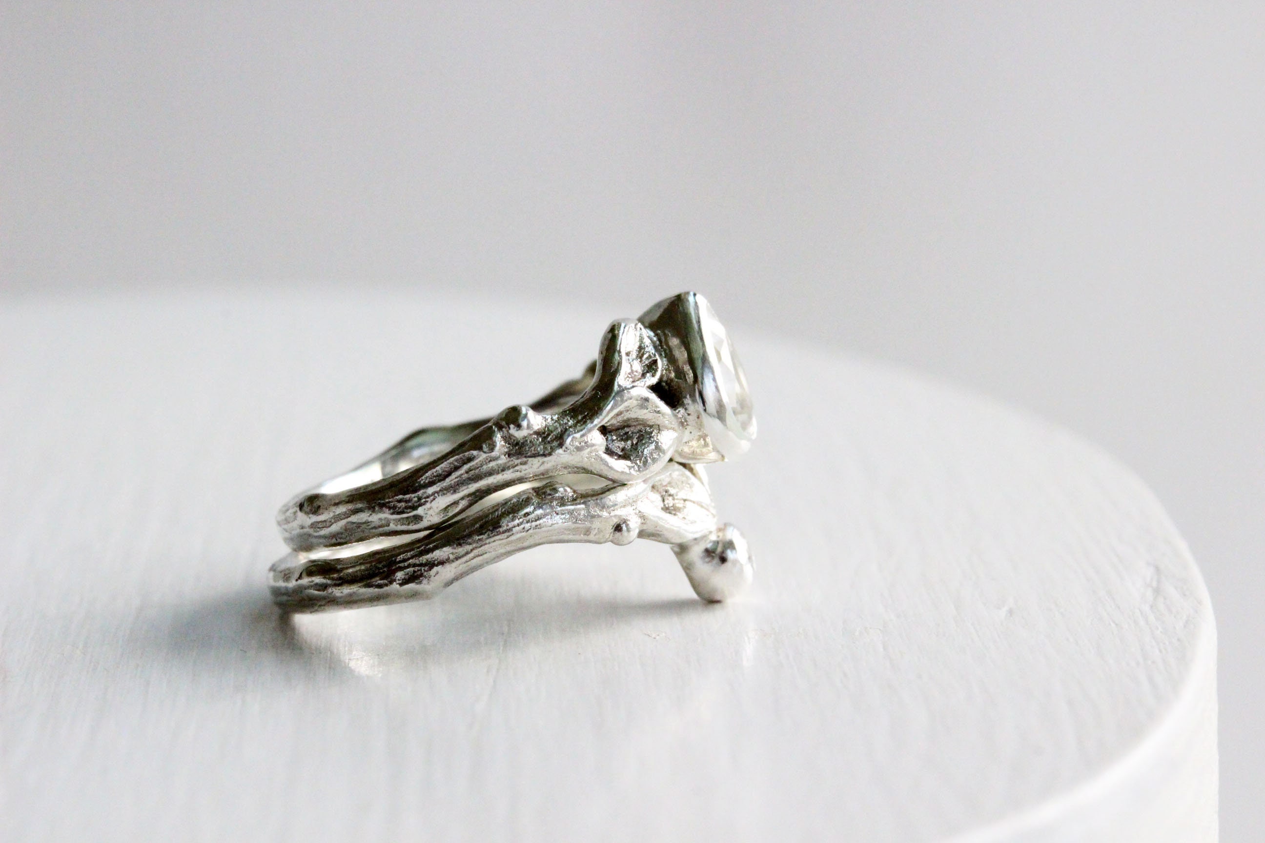 Pear Garnet Ring Leaf Twig Ring With White Sapphire, Silver Branch ...