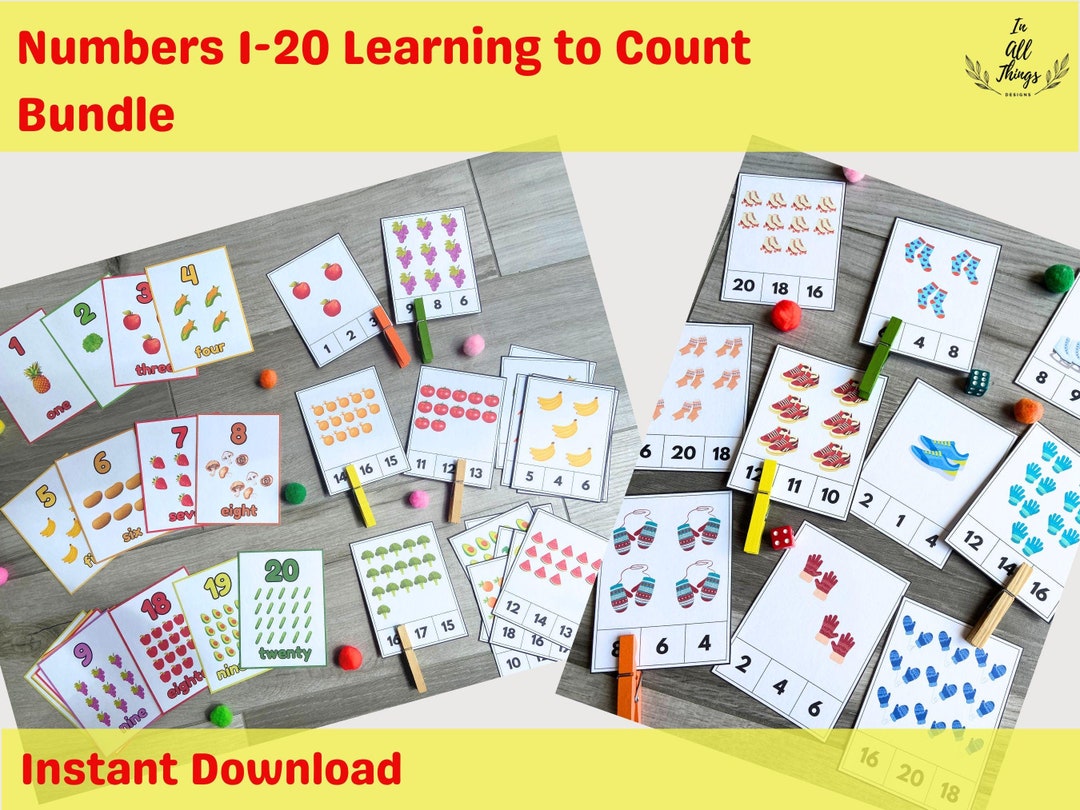 Printable Number Flash Cards 1-20 and Count and Clip Cards Bundle, Skip ...