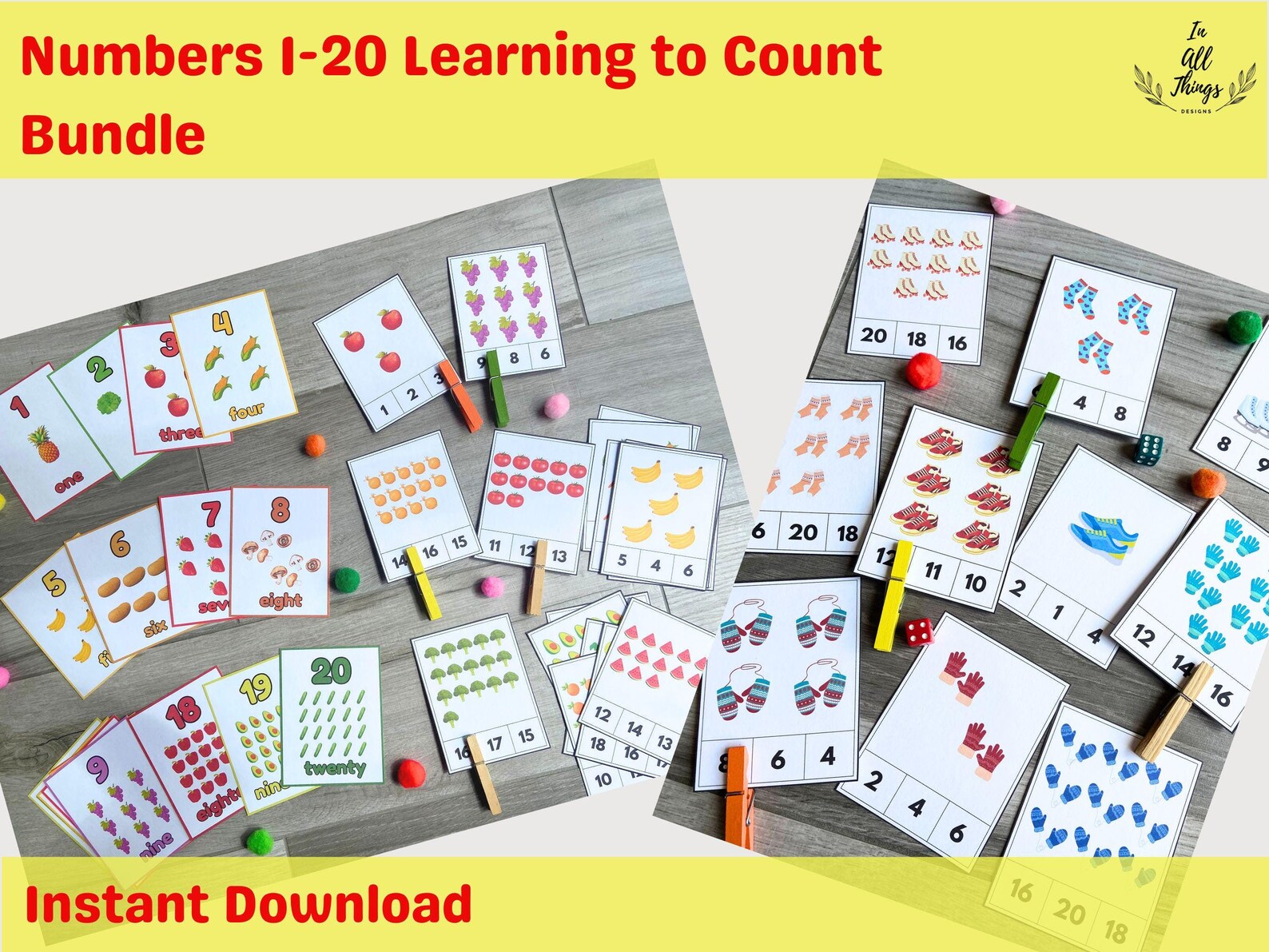 Printable Number Flash Cards 1-20 and Count and Clip Cards Bundle, Skip ...