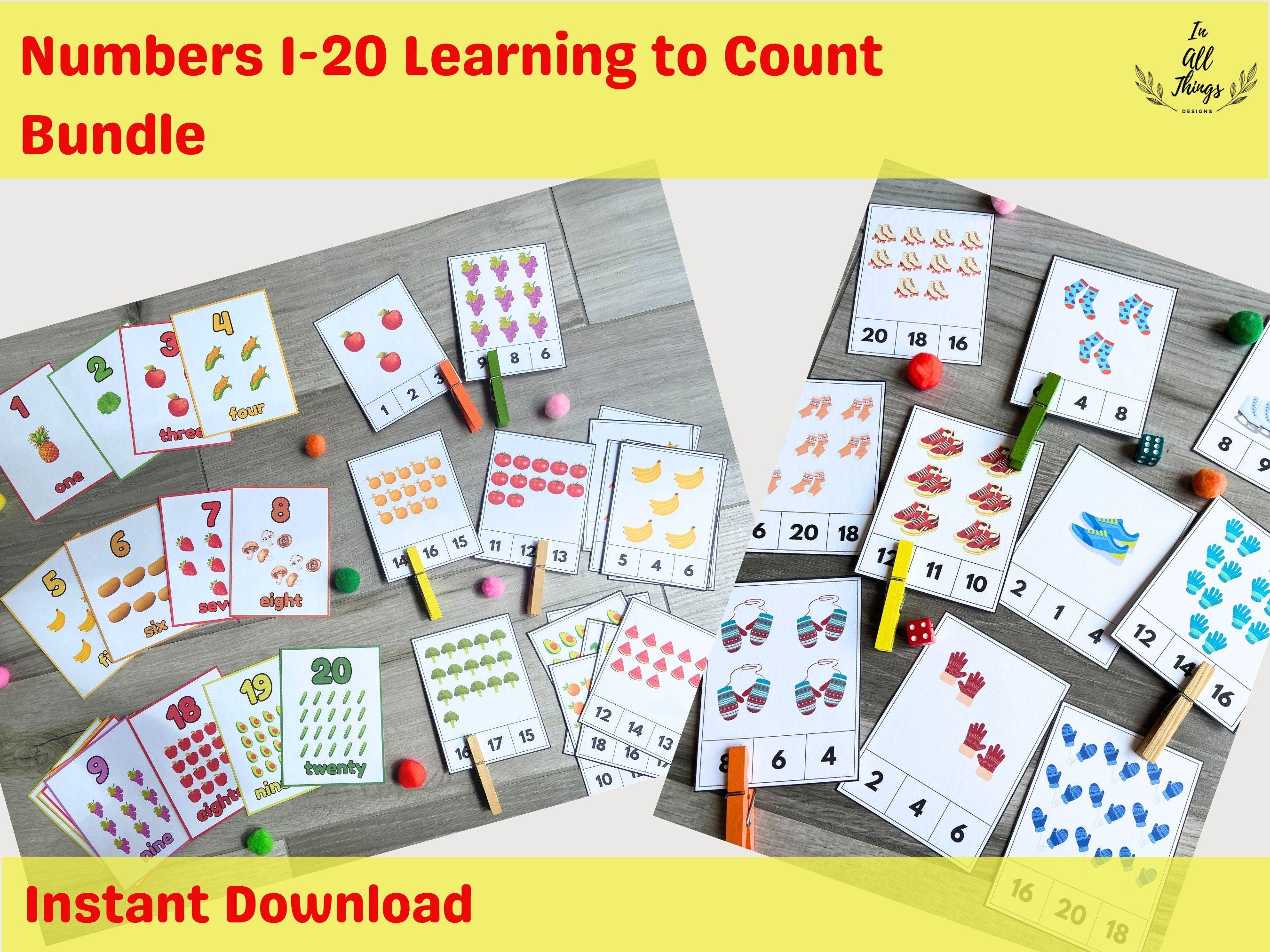 Printable Number Flash Cards 1-20 and Count and Clip Cards Bundle, Skip ...