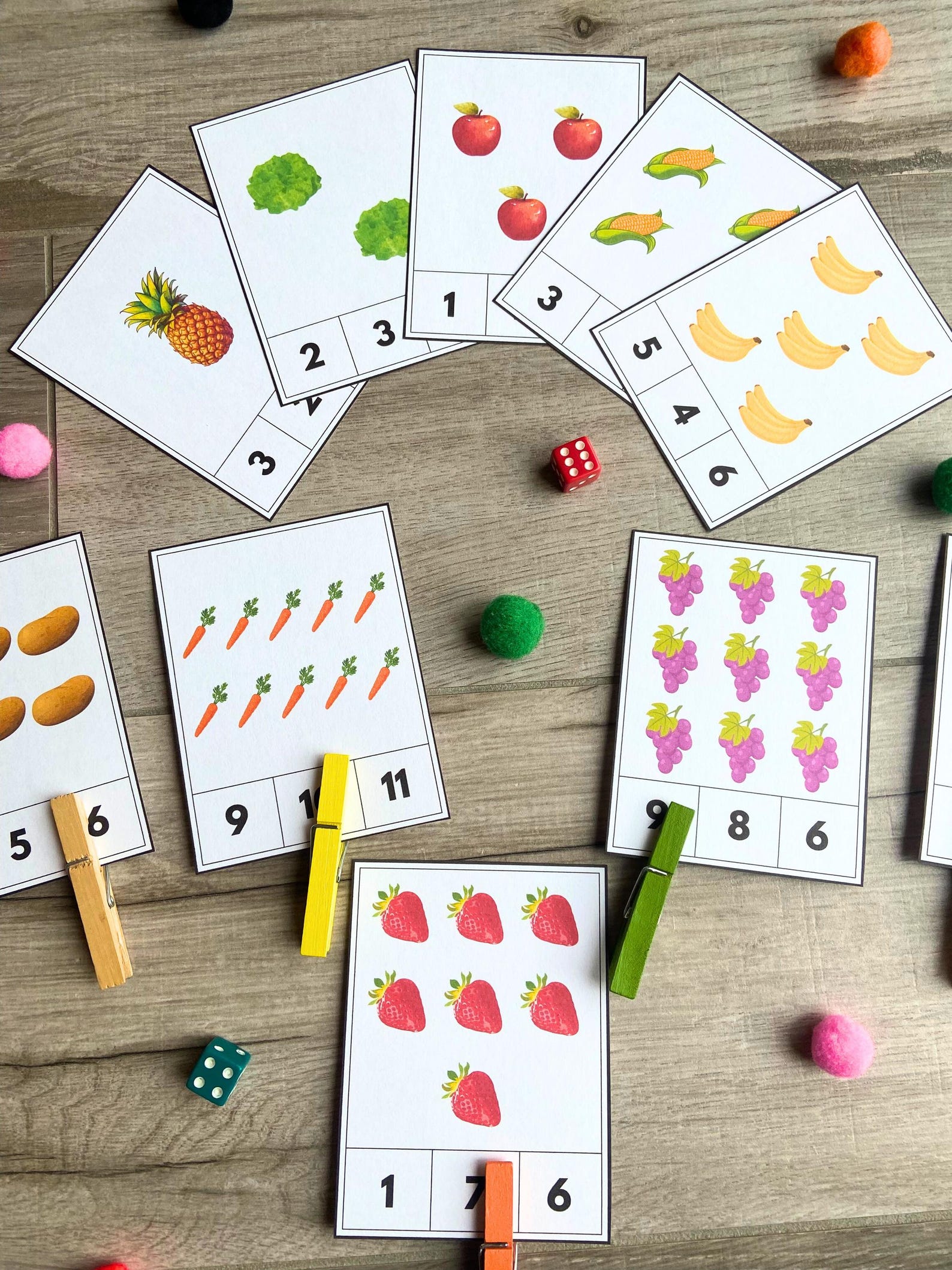 Fruits and Veggies Count and Clip Cards 1-20, Preschool Math, Number ...