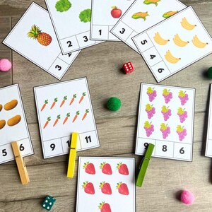 Fruits and Veggies Count and Clip Cards 1-20, Preschool Math, Number ...