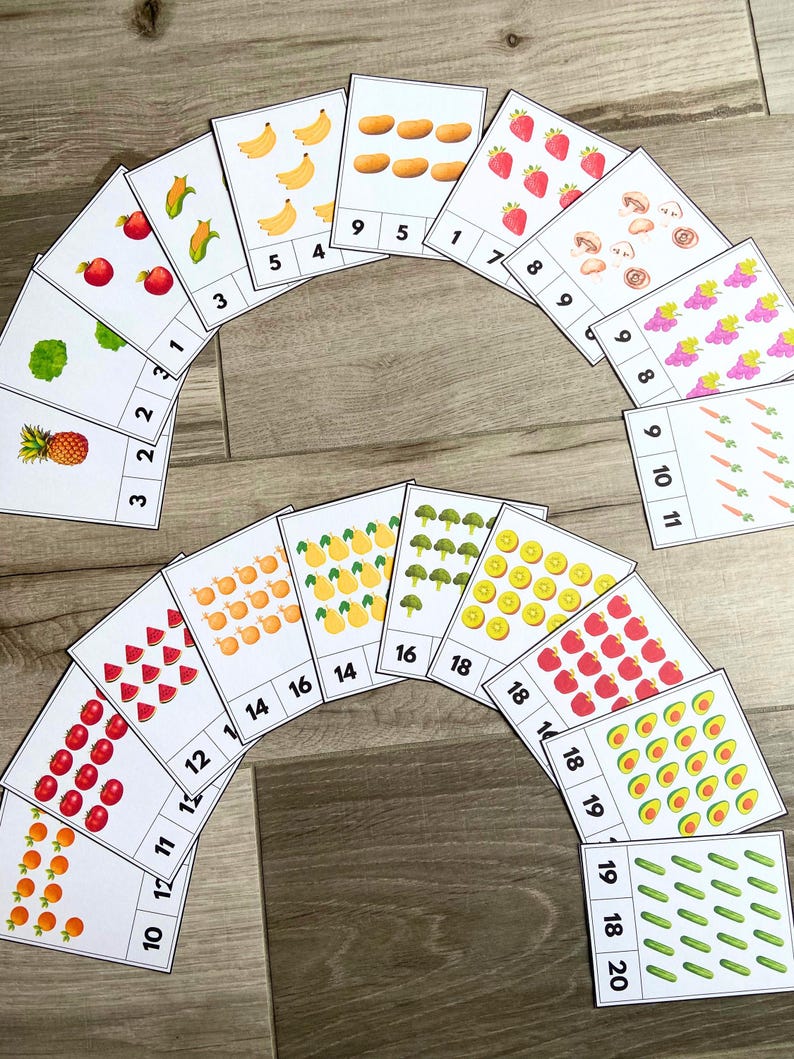 Fruits and Veggies Count and Clip Cards 1-20, Preschool Math, Number ...