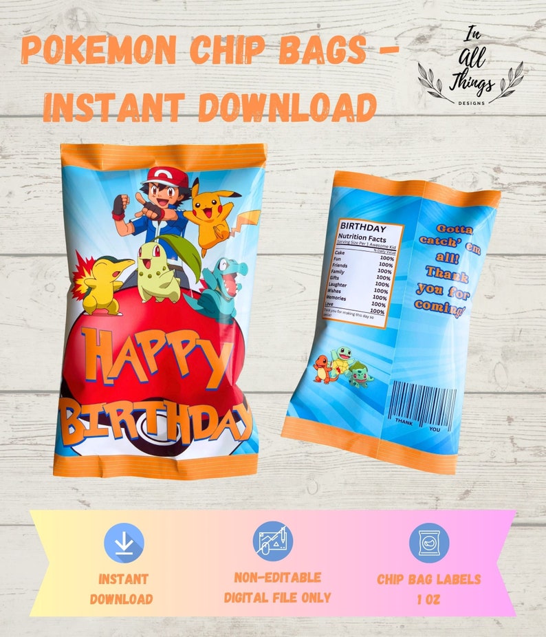 Instant Download Chip Bag, Pokemon Chip Bag, Birthday Party Favor, Kids ...