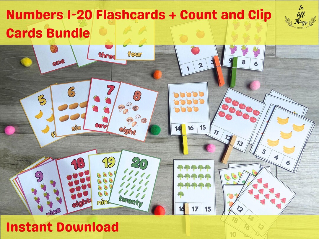 Printable Number Flash Cards 1-20 and Count and Clip Cards Bundle ...